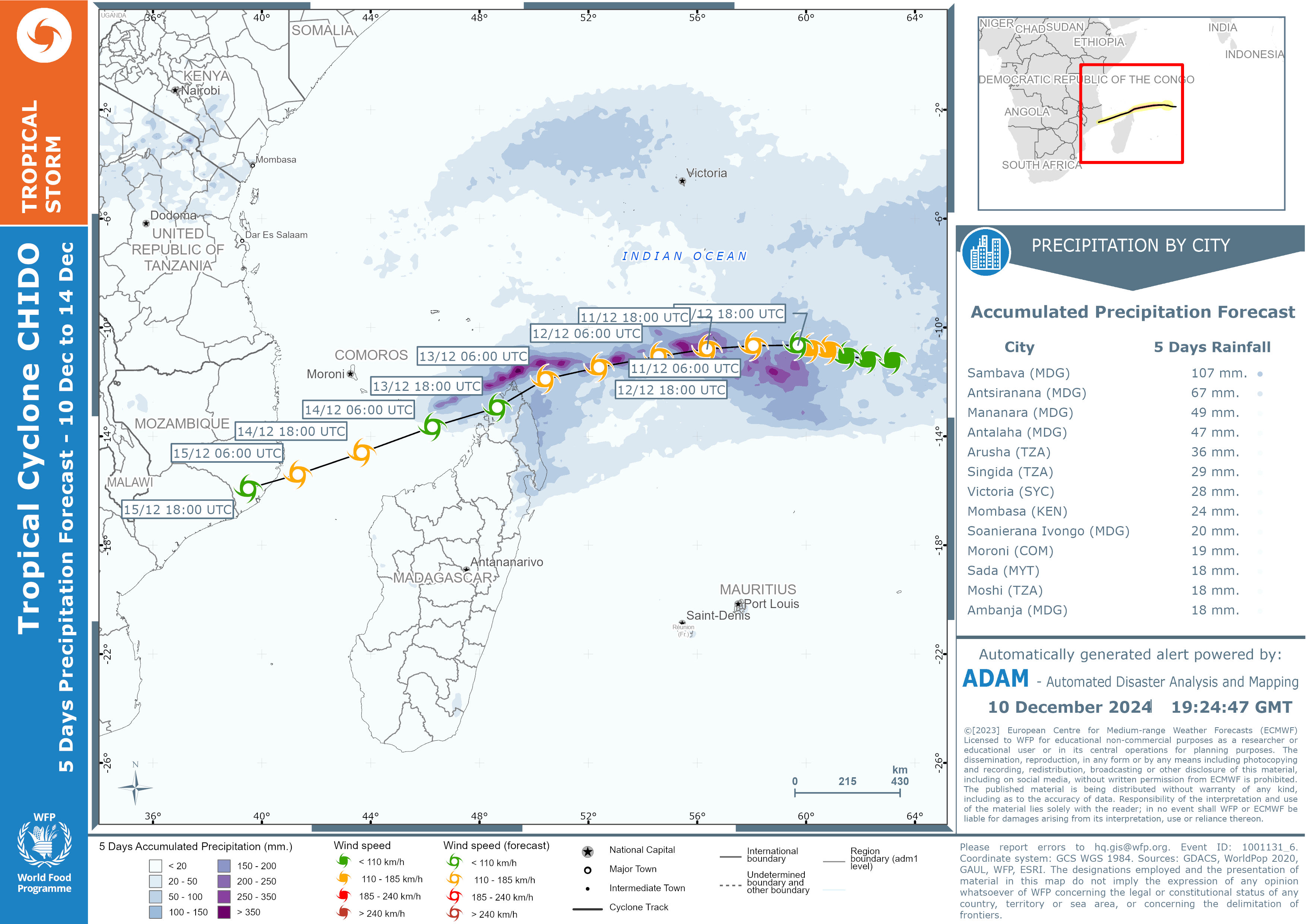 Tropical Cyclone Chido - 5 Days Precipitation Forecast - 10 Dec to 14 ...